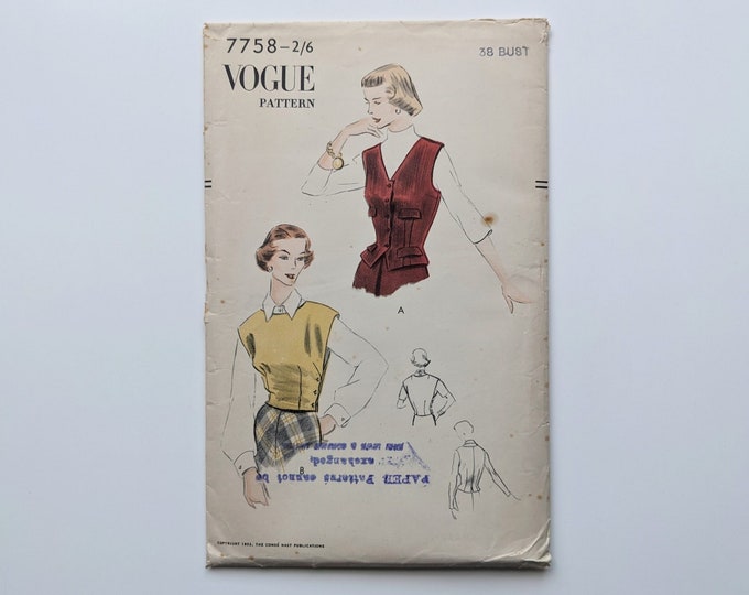 Vintage 1950s Sewing Pattern Waistcoat & Topper Vogue 7758 Bust 38 - Etsy