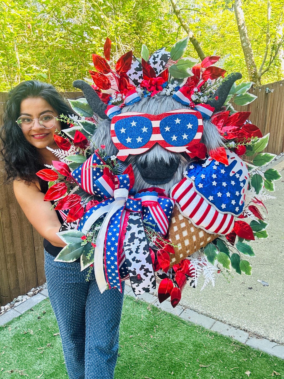 Patriotic Highland Cow Wreath. 4th of July Decor. Farmhouse Wreath ...