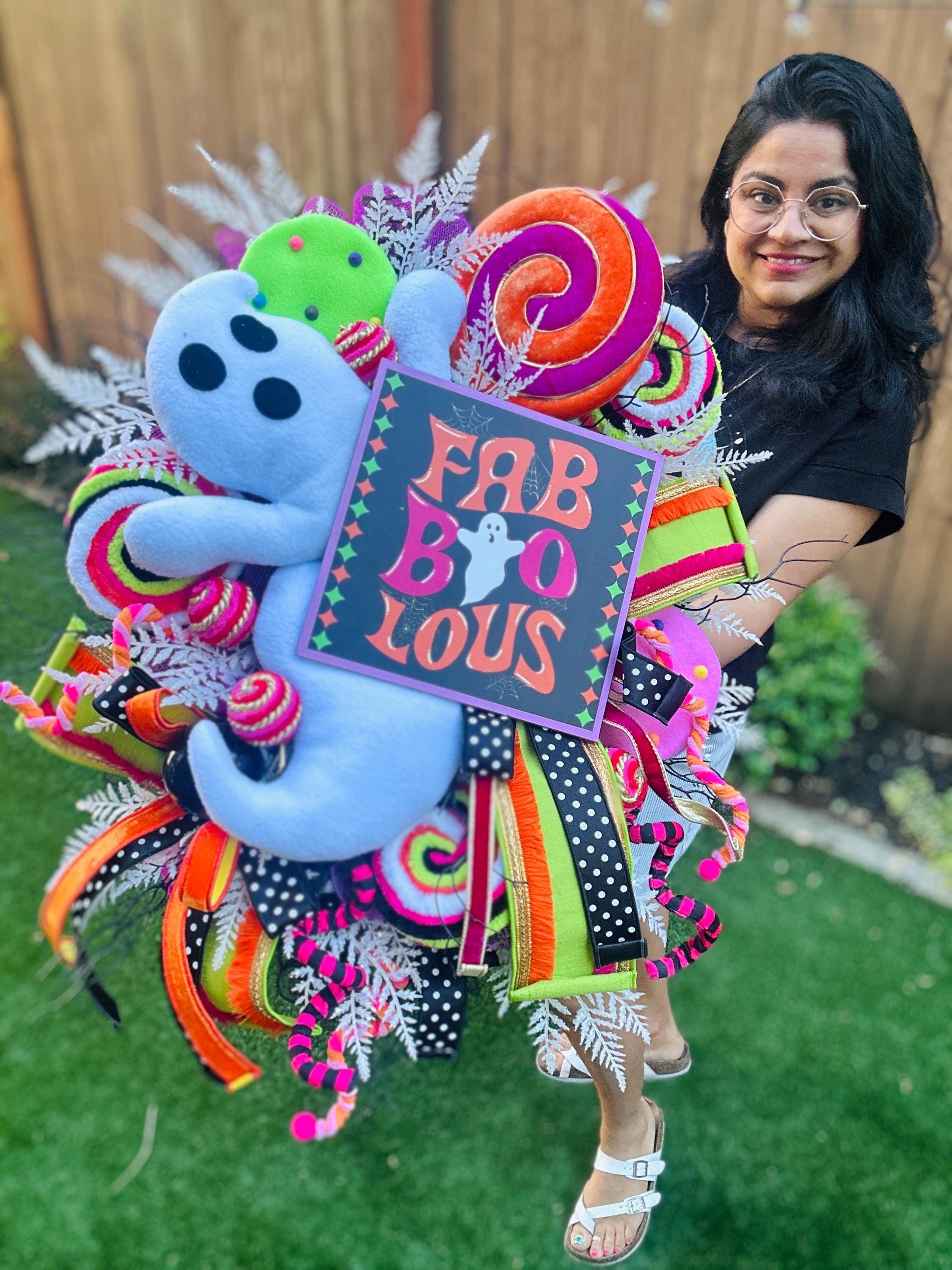Whimsical Ghost Halloween Wreath: Candy Decor, Colorful Ribbons - Etsy