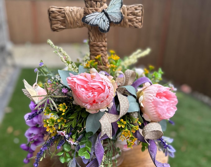 Spring Easter Wicker Cross Faith He is Resin Table Centerpiece - Etsy