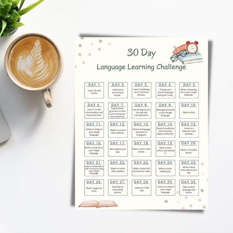 30 Day Language Learning Challenge Printable New Language Study Planner Daily Language Practice ...