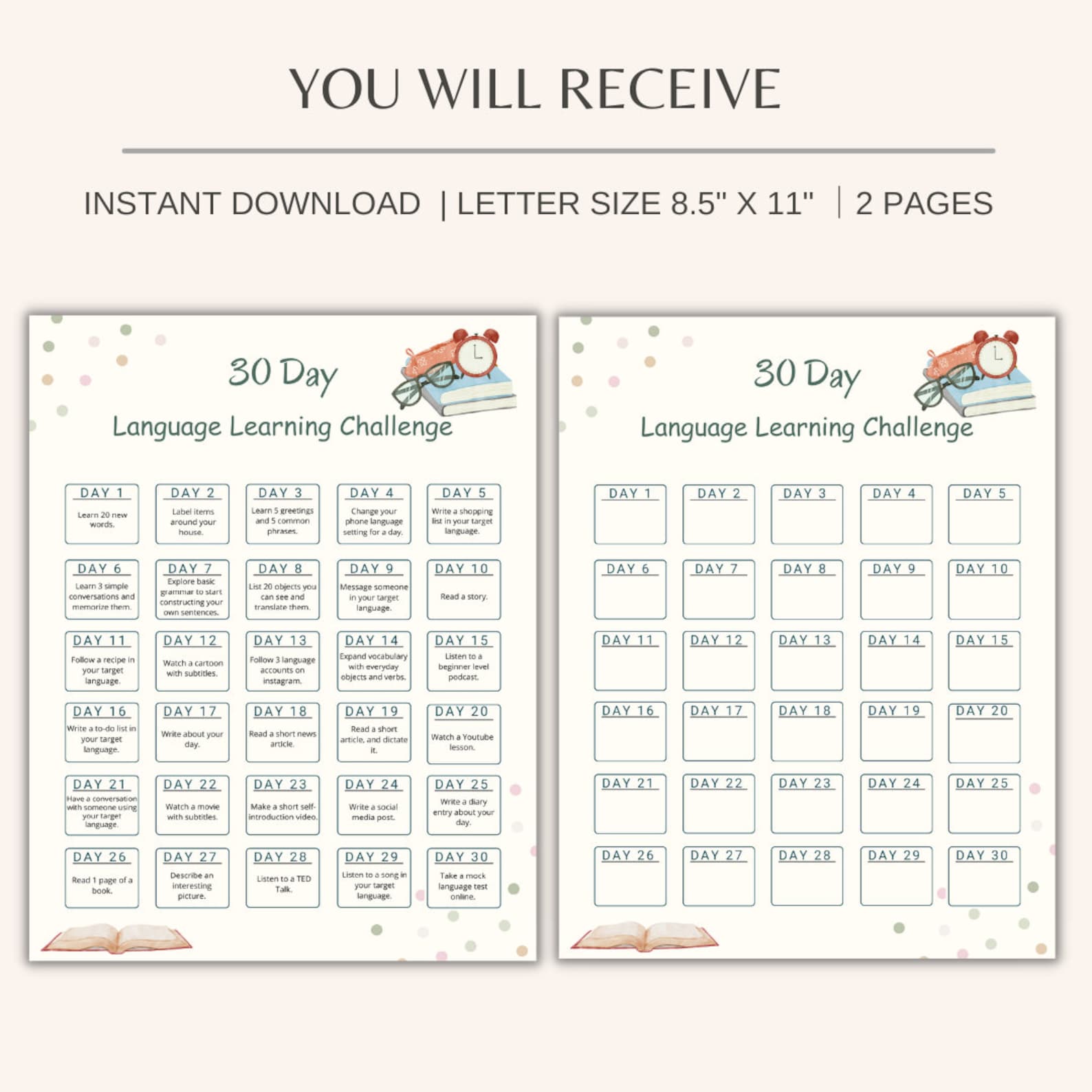 30 Day Language Learning Challenge Printable New Language Study Planner Daily Language Practice ...