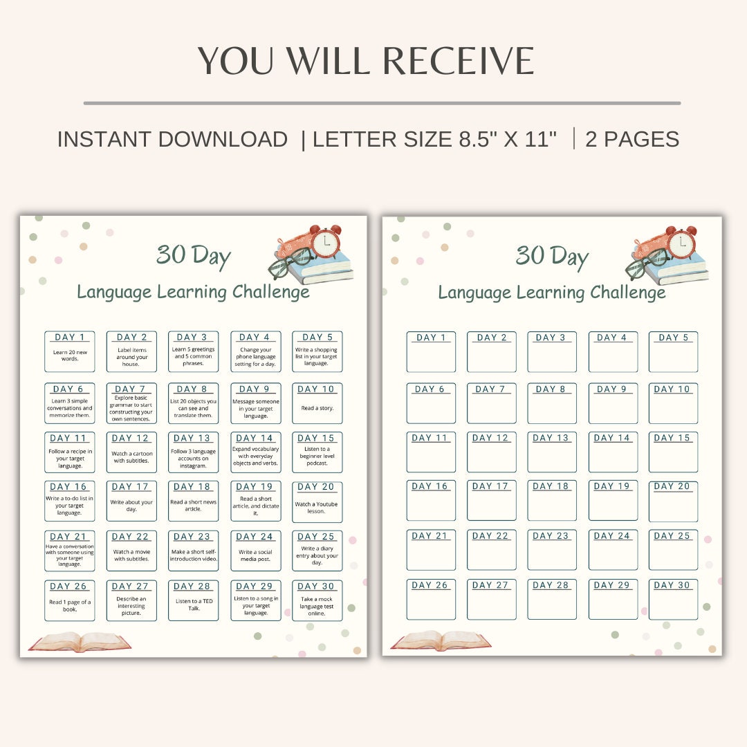 30 Day Language Learning Challenge Printable New Language Study Planner Daily Language Practice ...