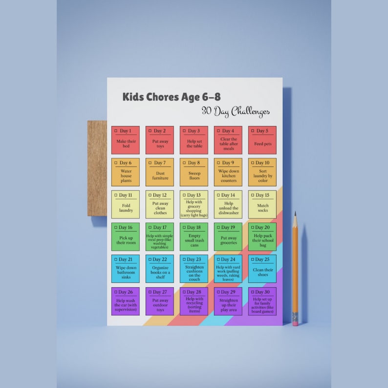Kids Chore Chart: 30 Day Challenge, Ages 6-8 (PDF Printable) - Etsy