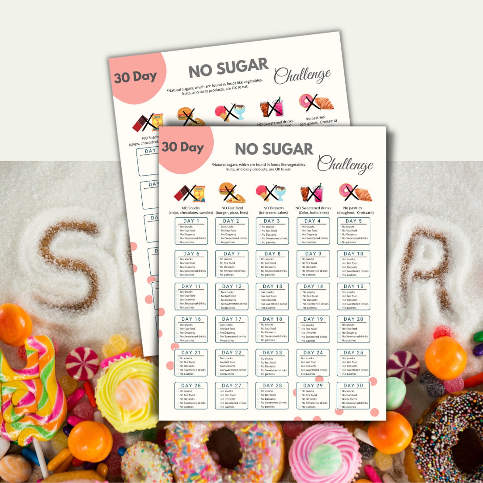 30 Day No Sugar Challenge Printable | No Sugar Tracker | Sugar Detox ...