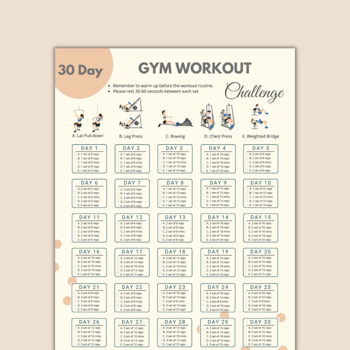 30 Day Gym Workout Challenge Digital Gym Routine Gym - Etsy