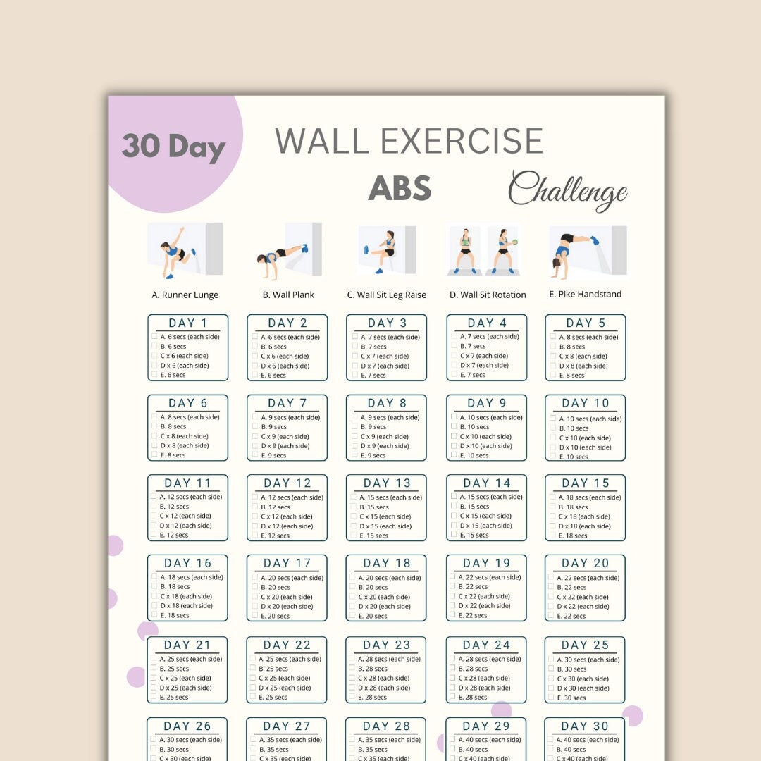 30 Day Abs Wall Exercise Challenge Printable | Abs Workout Planner ...