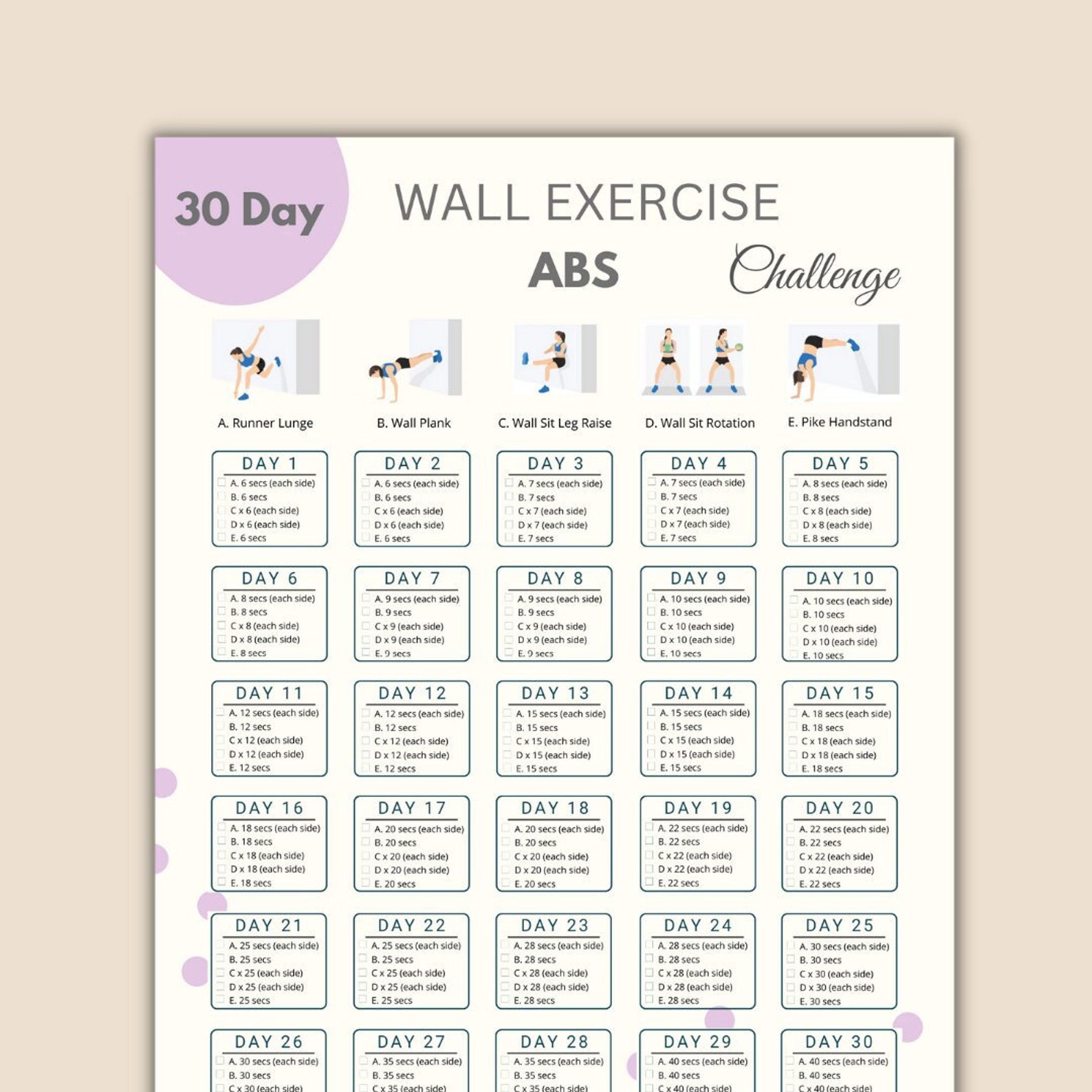 30 Day Abs Wall Exercise Challenge Printable | Abs Workout Planner ...