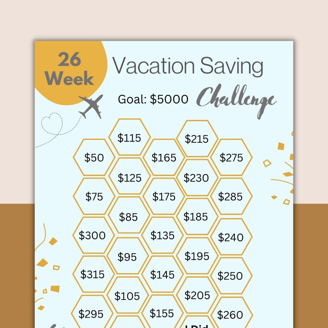 5000 Dollars Vacation Saving Tracker | 26 Week Saving Tracker ...