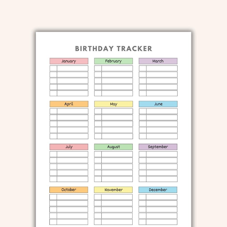 Birthday Tracker Printable: Colorful Organizer (digital Download) - Etsy