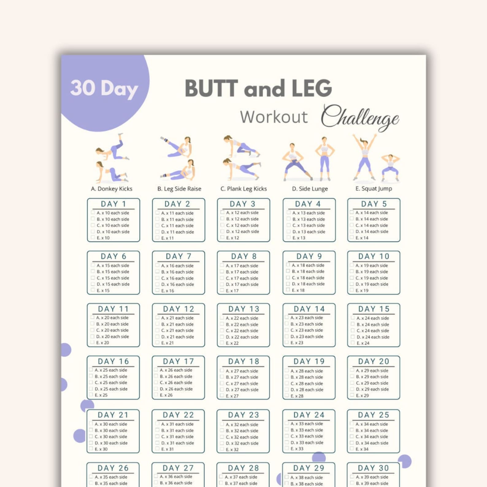 30 Day Butt and Leg Workout Challenge Printable | Butt Lift | Lean Leg Workout Planner Digital ...
