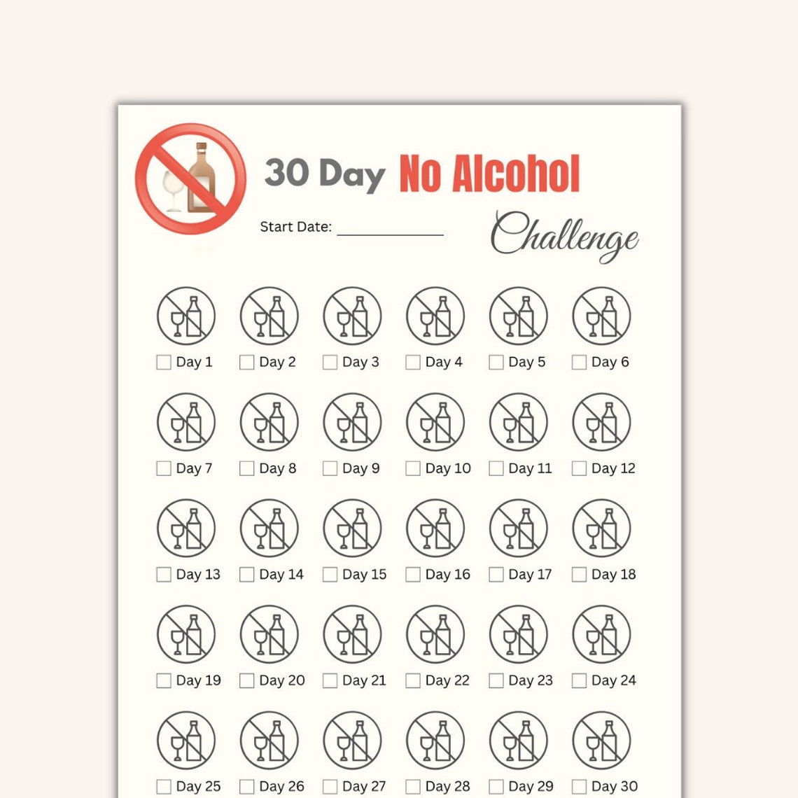 30 Day No Alcohol Challenge Printable Alcohol Quitting Planner Alcohol ...