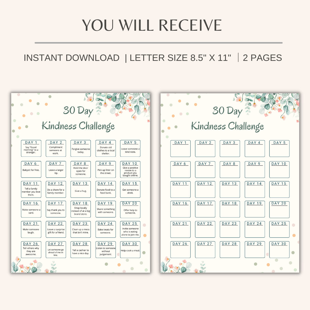 30 Day Kindness Challenge Printable | Act of Kindness | Kindness Ideas ...