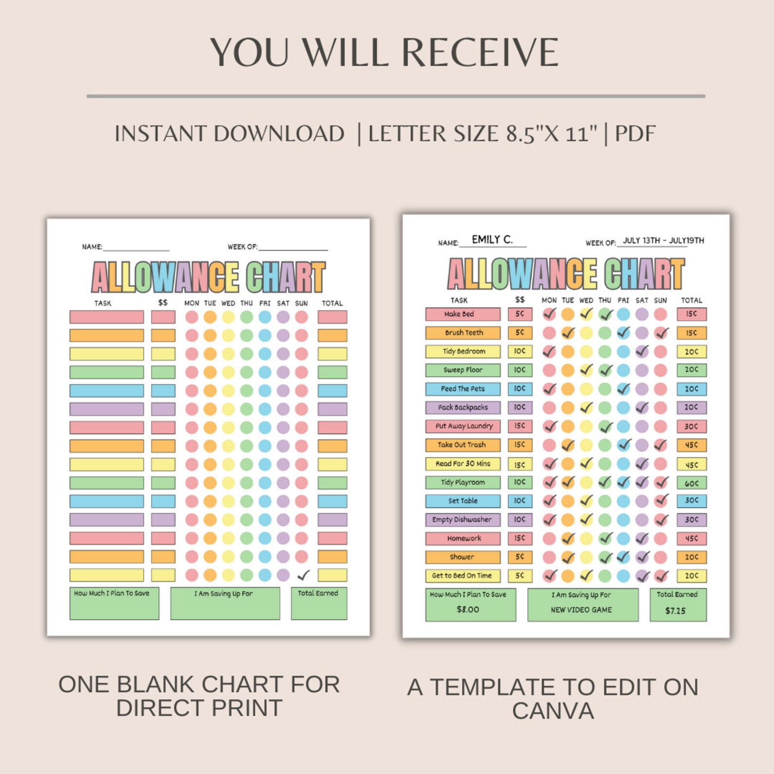 Kids Allowance Chart Printable | Editable Kids Chores Chart | Weekly ...