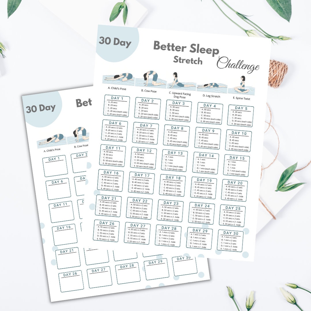 30 Day Better Sleep Stretch Challenge Printable Workout Planner Bedtime ...