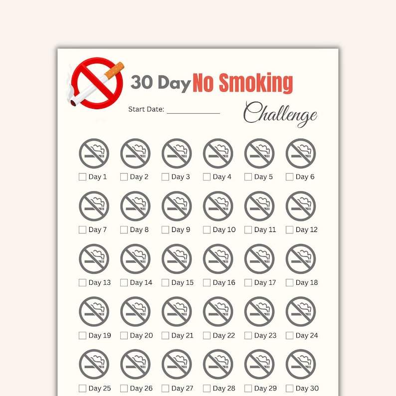30 Day No Smoking Challenge Printable Quit Smoking Journey Nicotine ...