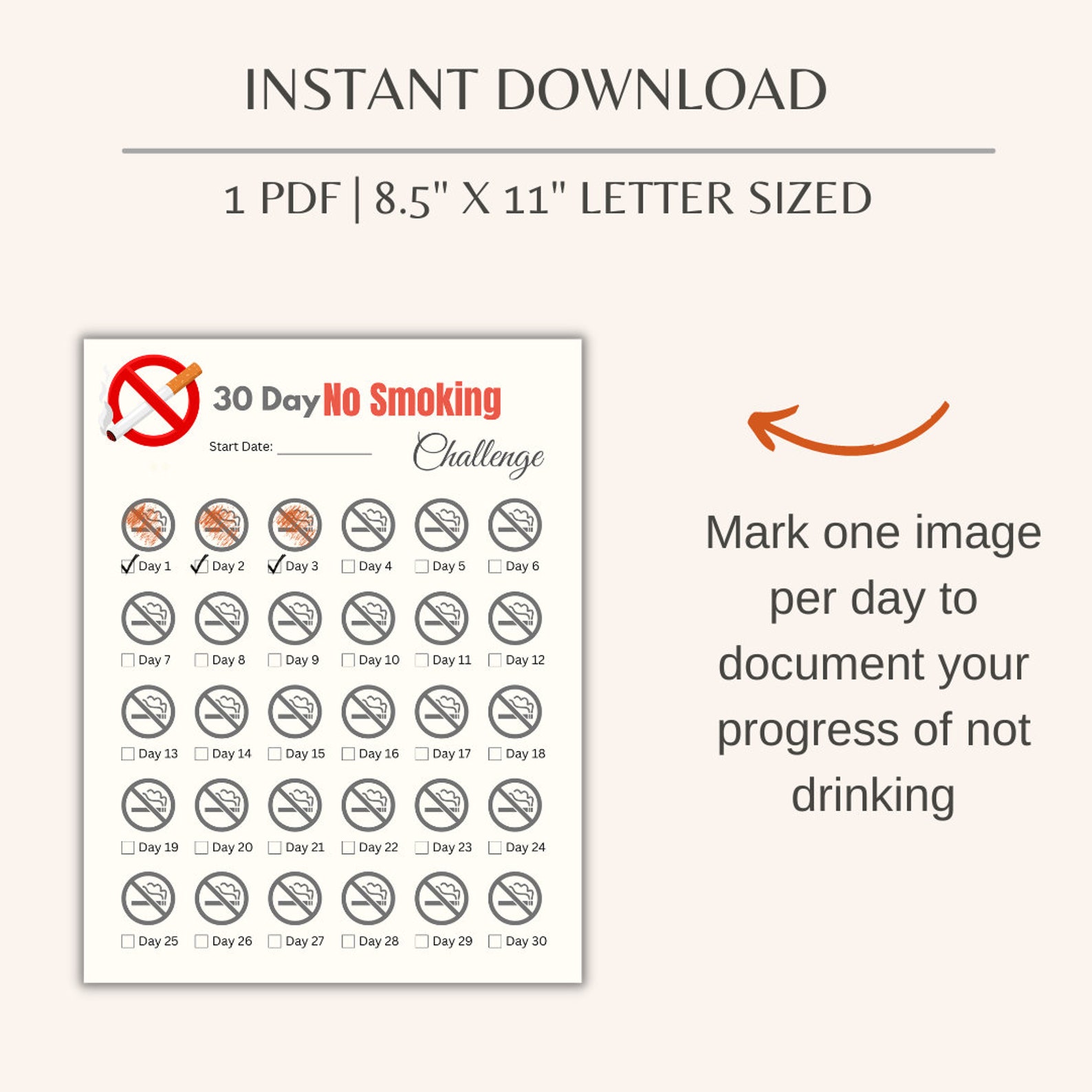 30 Day No Smoking Challenge Printable Quit Smoking Journey Nicotine ...