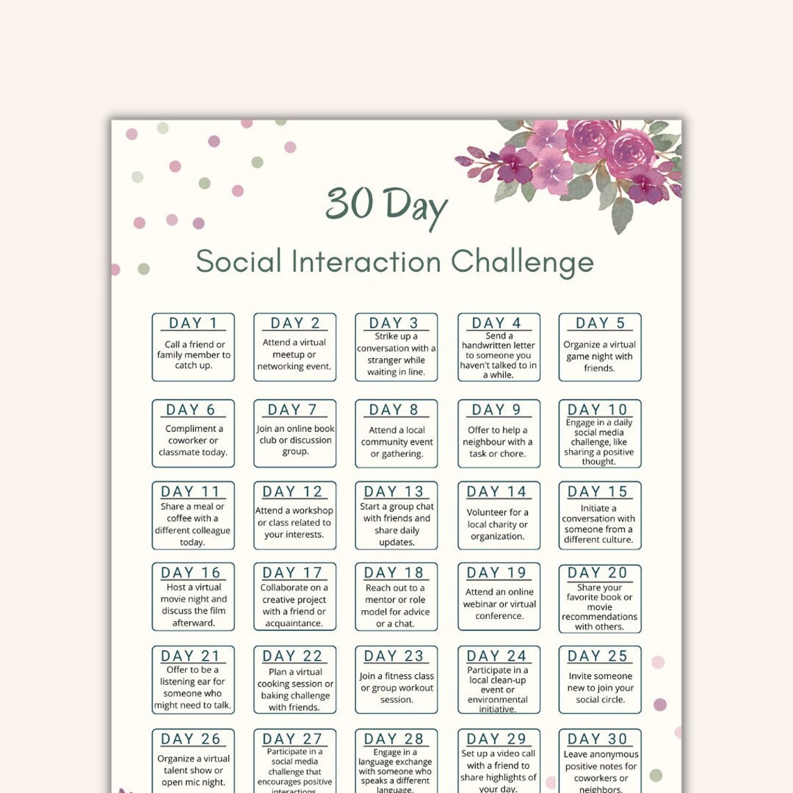 30 Day Social Interaction Challenge Digital Social Activities Ideas ...
