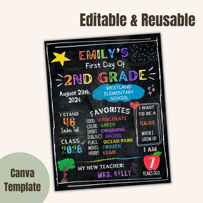 First Day of School Sign Canva Template | Chalkboard Back to School ...