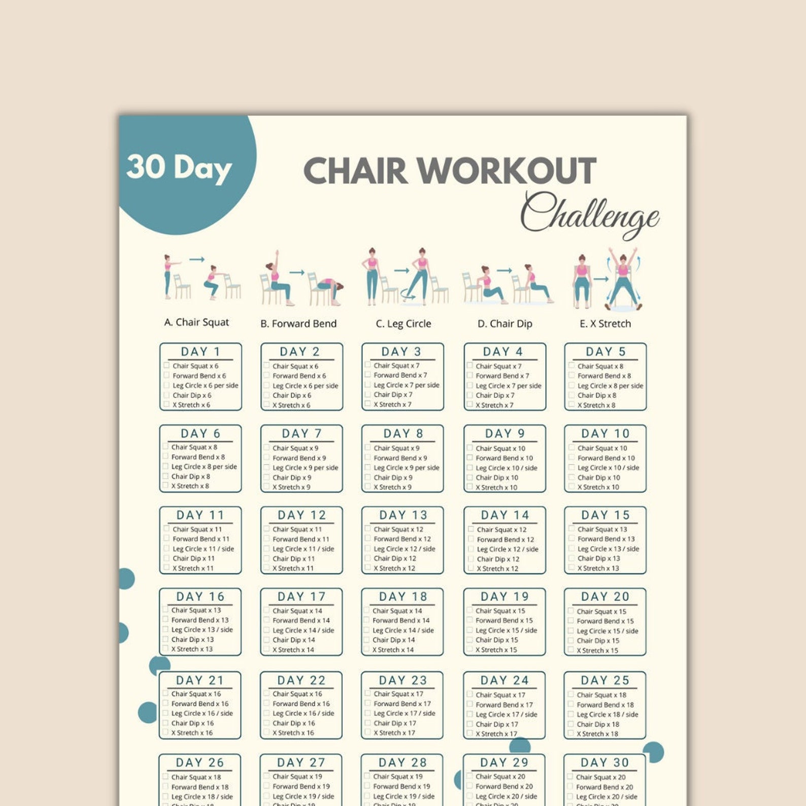 30 Day Chair Workout Challenge Printable | Chair Yoga Guide | 10 Mins ...