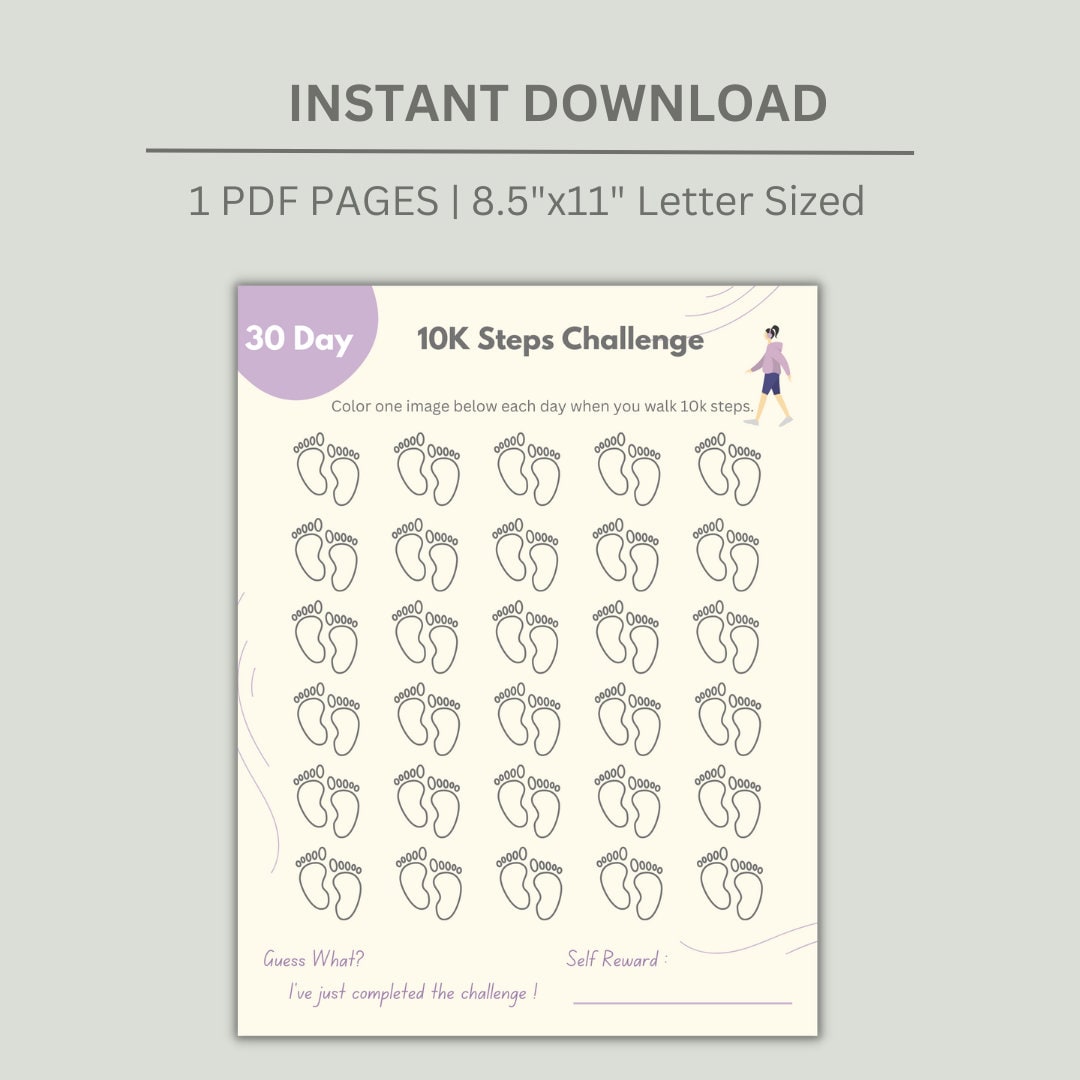 30 Day 10K Steps Challenge Printable Walking 10K Steps Tracker Digital ...