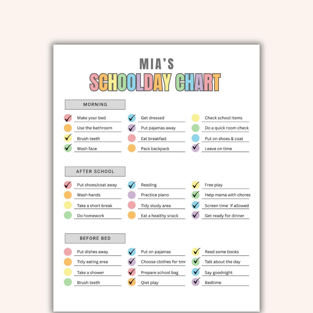Kids Schoolday Chart Printable | Editable Kids Routine Chart | Kid ...