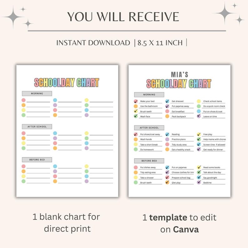 Kids Schoolday Chart Printable | Editable Kids Routine Chart | Kid ...