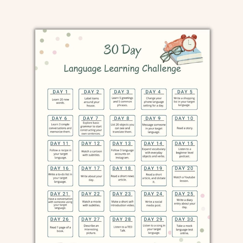 30 Day Language Learning Challenge Printable New Language Study Planner ...