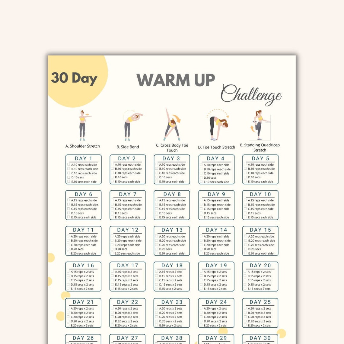 30 Day Warm up Challenge Printable Workout Prep Digital - Etsy