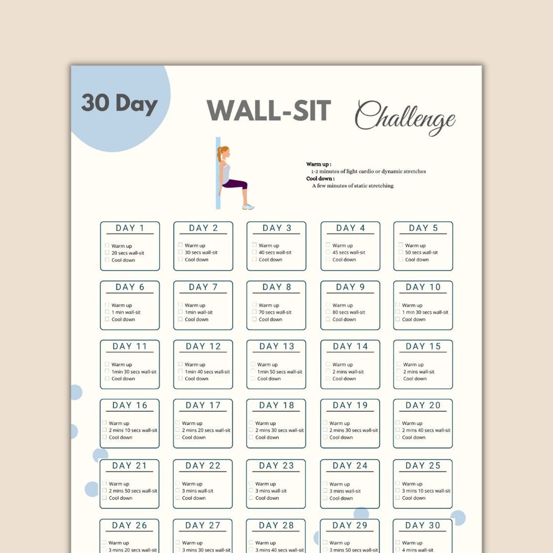30 Day Wall-sit Challenge Printable Wall Fitness Quick Workout Digital ...