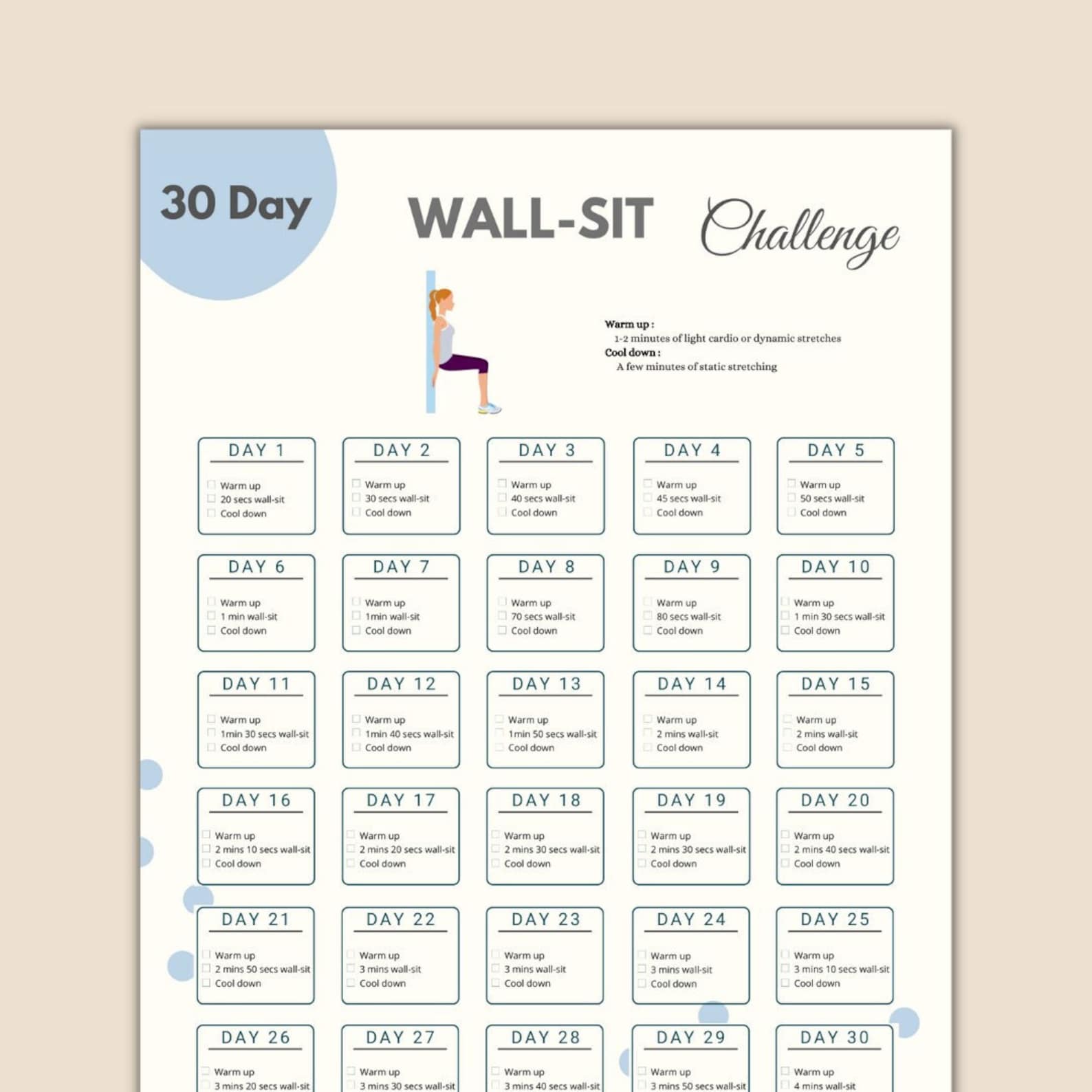 30 Day Wall-sit Challenge Printable Wall Fitness Quick Workout Digital ...