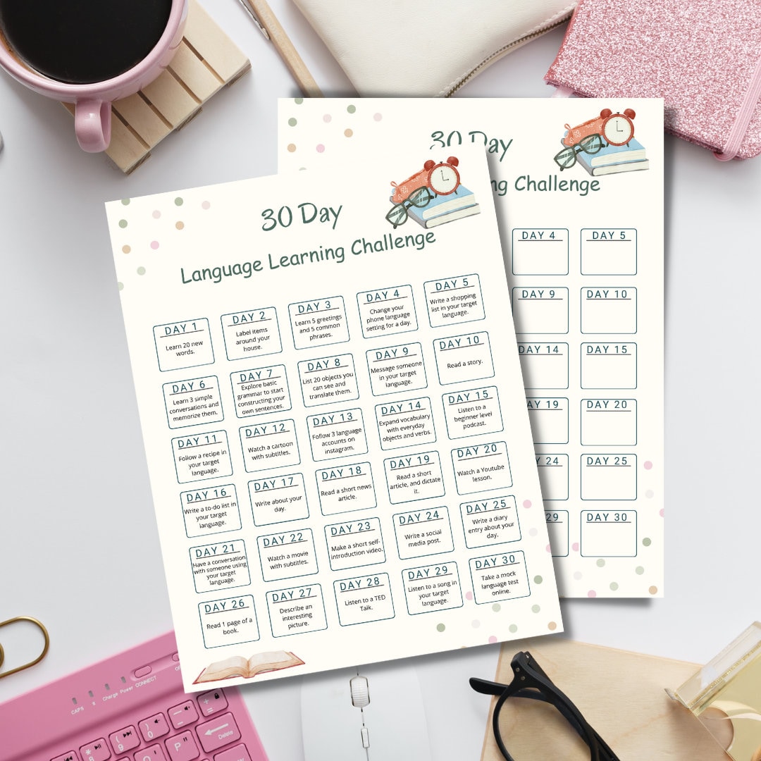 30 Day Language Learning Challenge Printable New Language Study Planner Daily Language Practice ...