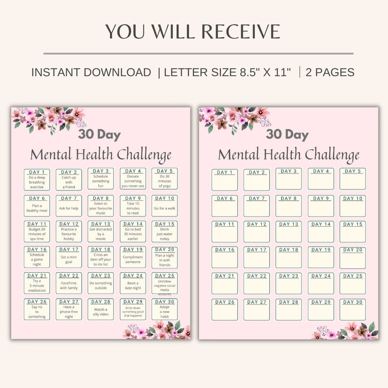 30 Day Mental Health Challenge Guide | Self Care Worksheet | Digital ...