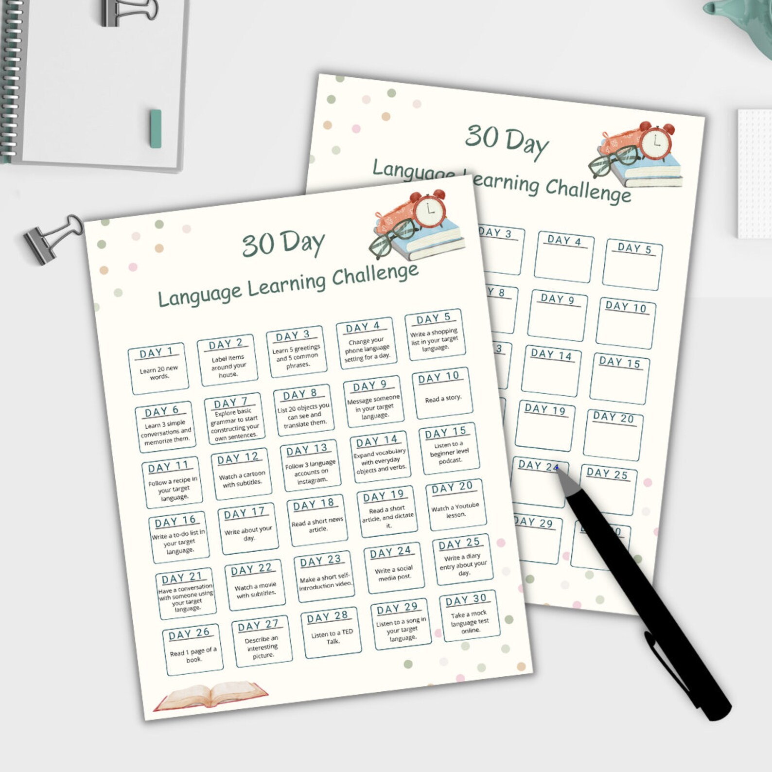 30 Day Language Learning Challenge Printable New Language Study Planner Daily Language Practice ...