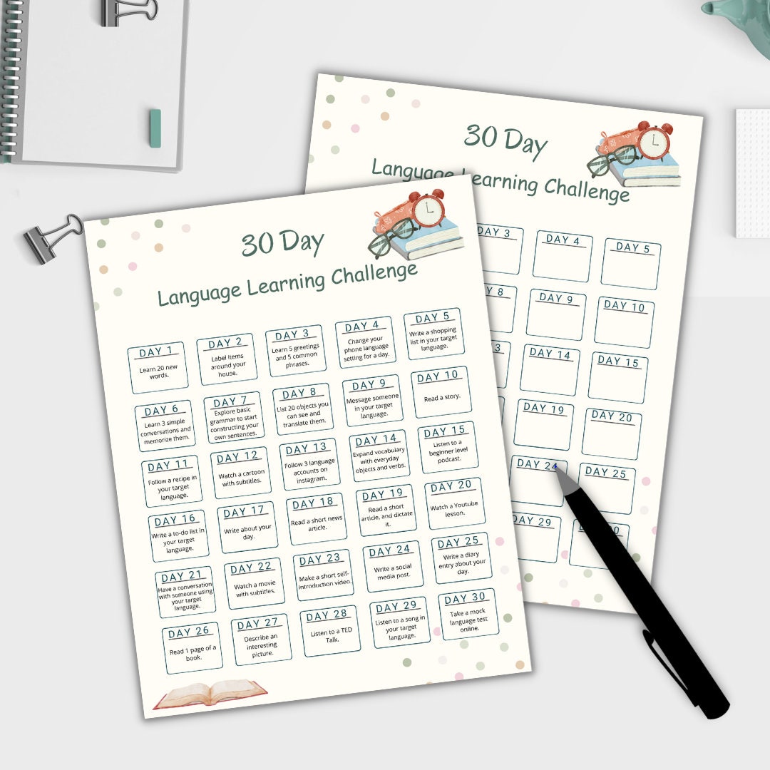 30 Day Language Learning Challenge Printable New Language Study Planner ...