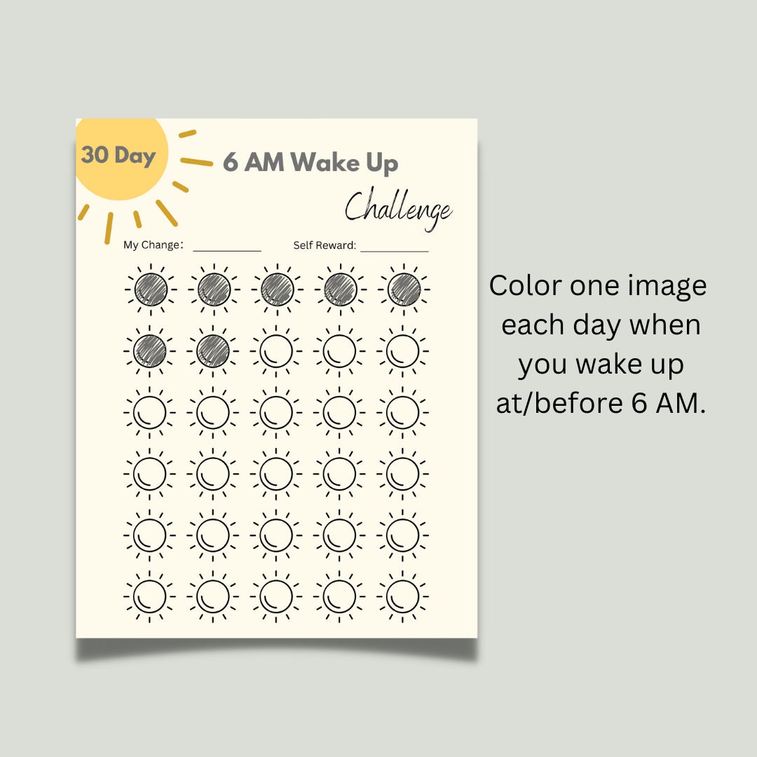 6 AM Wake up Challenge 30 Days Wake up Tracker Printable Get up Early ...
