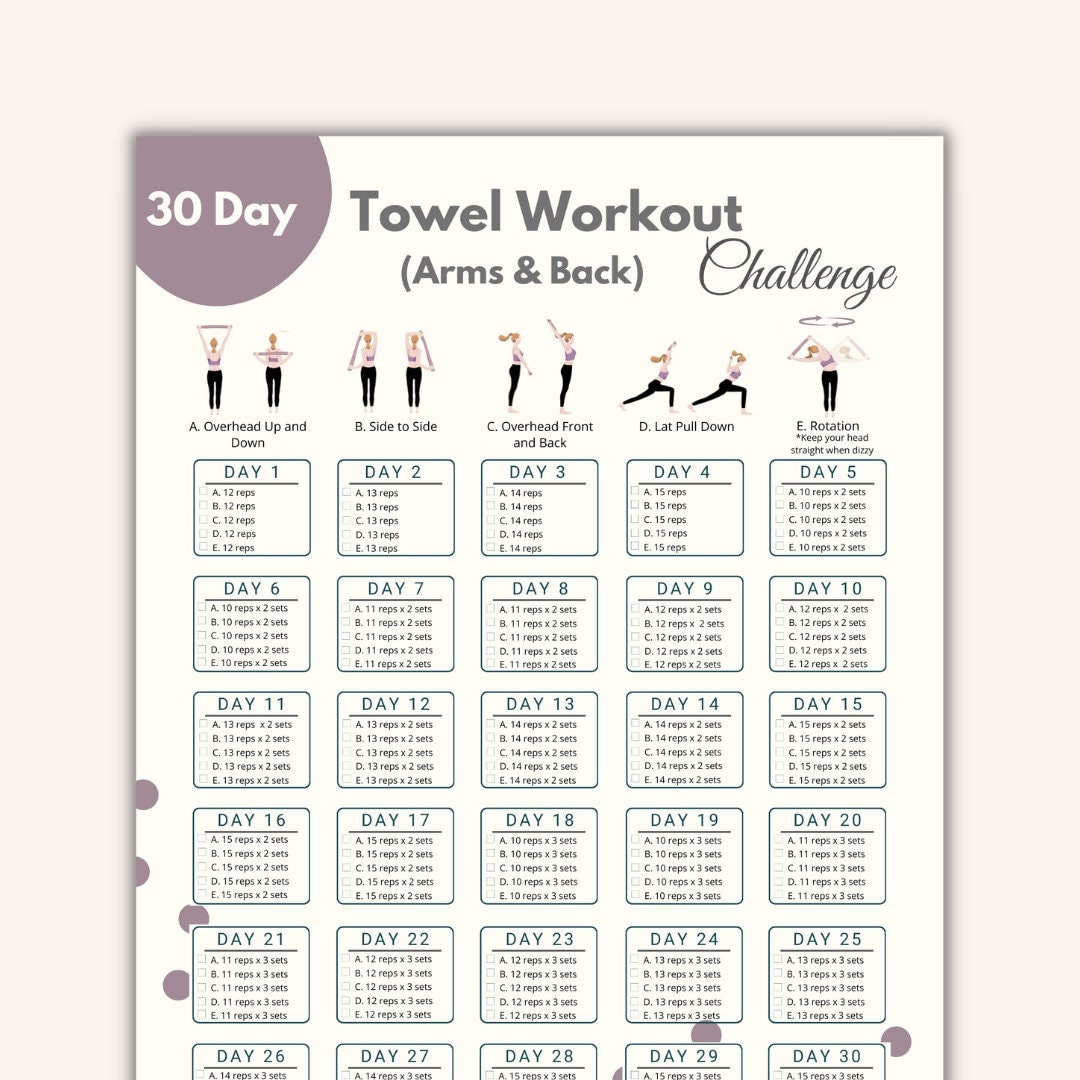 30 Day Towel Workout Challenge Printable Arm and Back Workout Digital ...