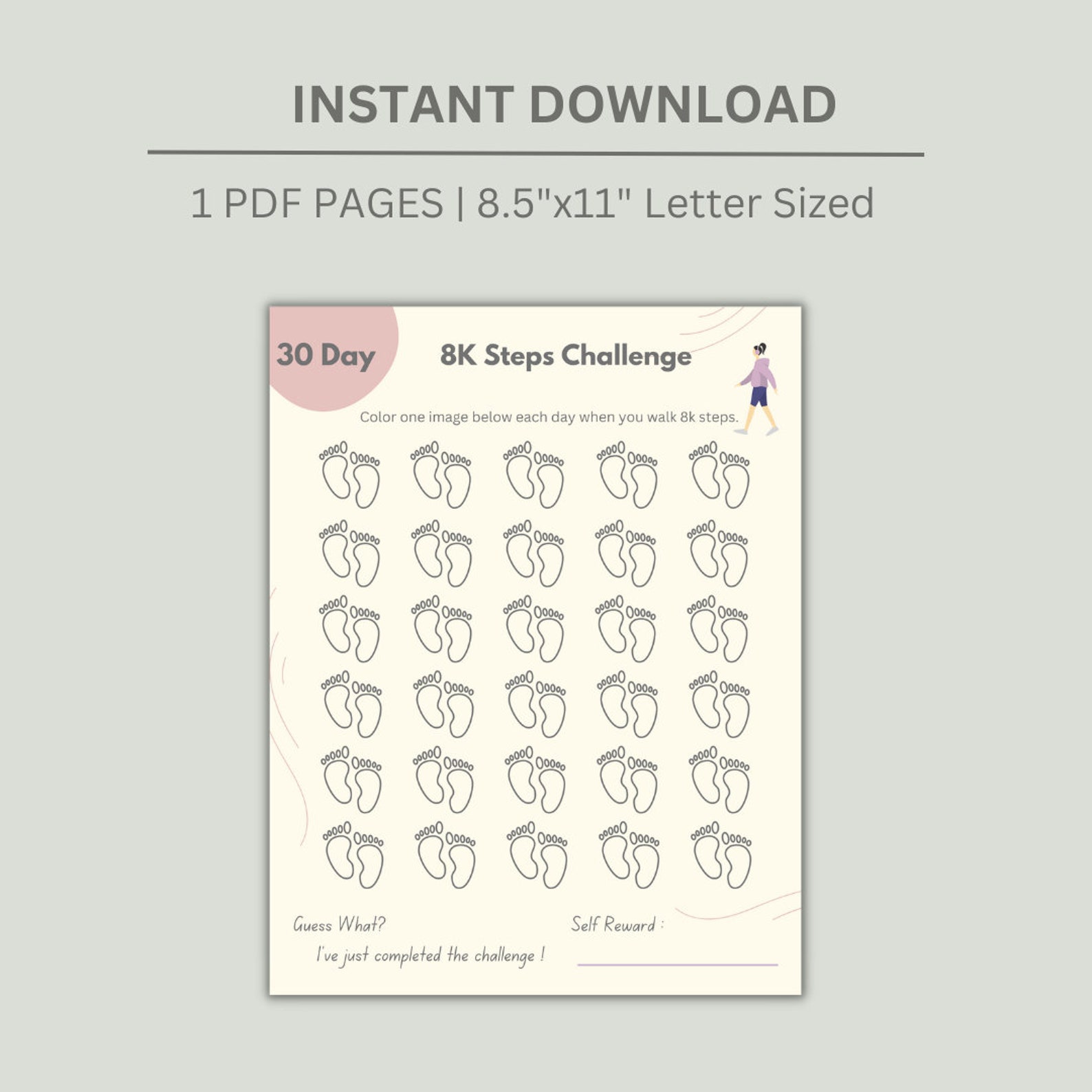 30 Day 8K Steps Challenge Printable | Walking 10K Steps Tracker ...
