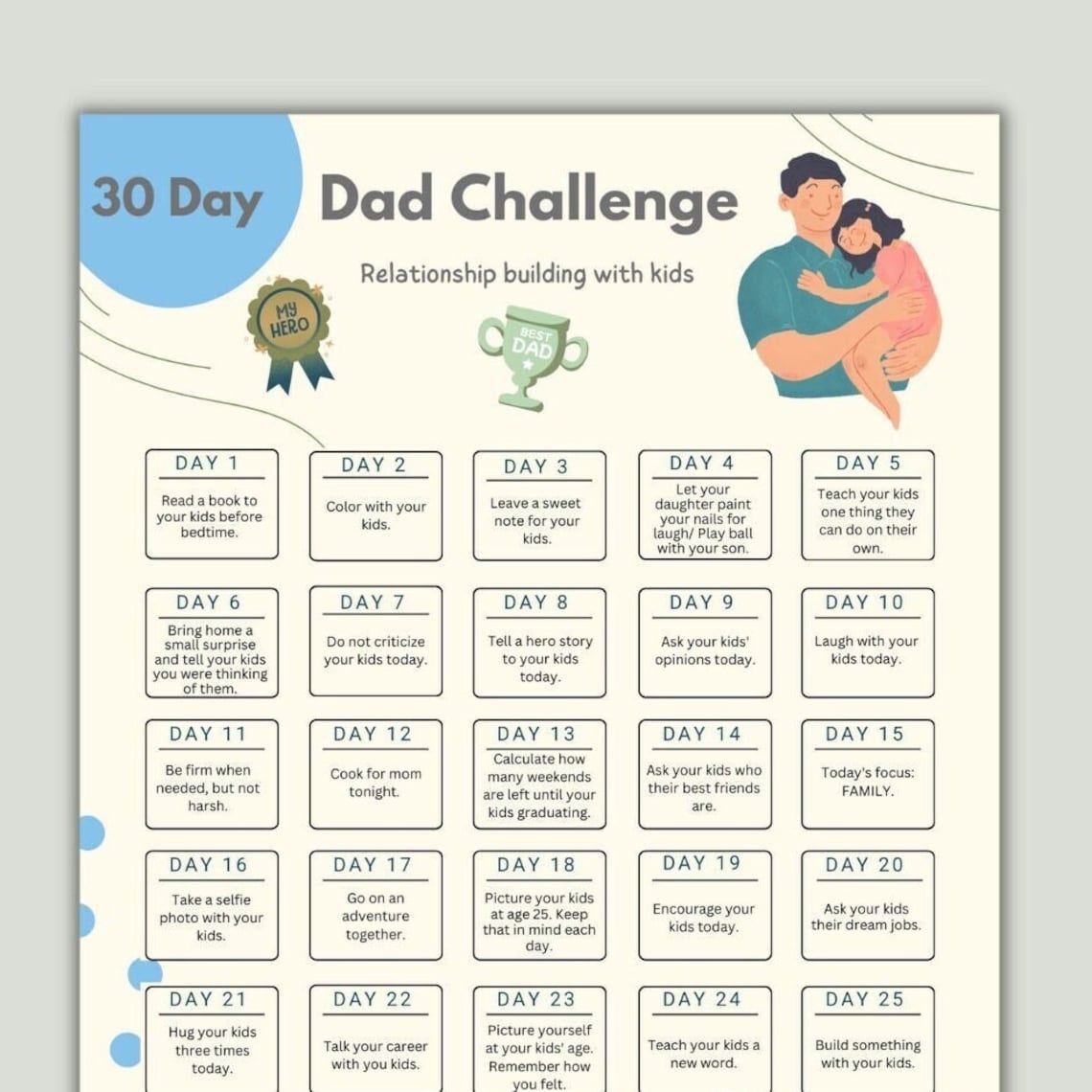 Printable 30 Day Dad Challenge Relationship Building With Kids Best ...