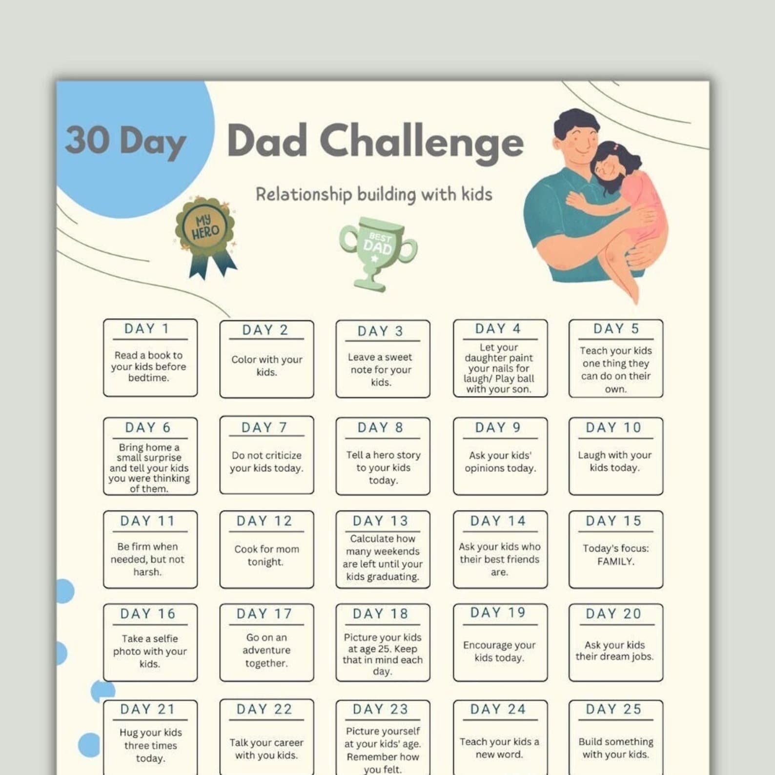 Printable 30 Day Dad Challenge | Relationship Building With Kids | Best ...