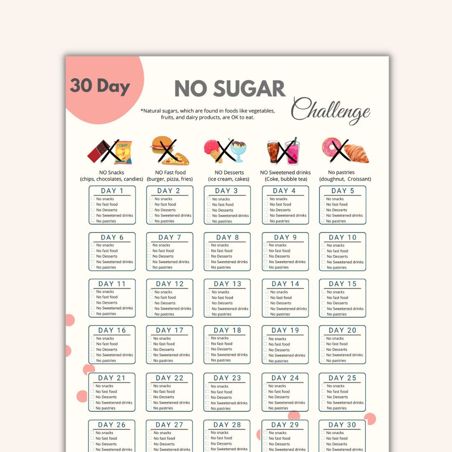 30 Day No Sugar Challenge Printable | No Sugar Tracker | Sugar Detox | Avoid Sugar | Healthy ...