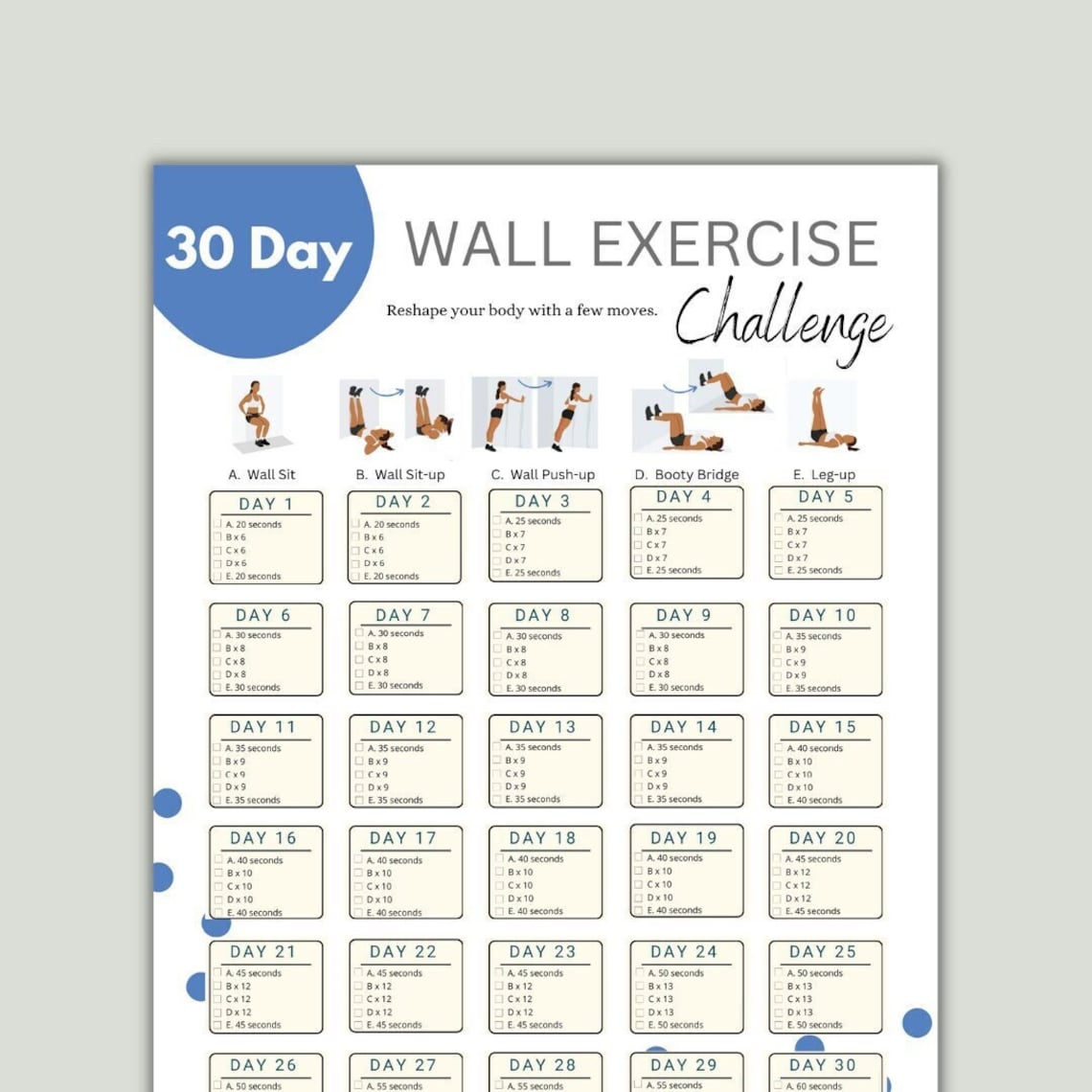 30 Day Wall Exercise Challenge Printable | Wall Fitness | Quick Workout ...