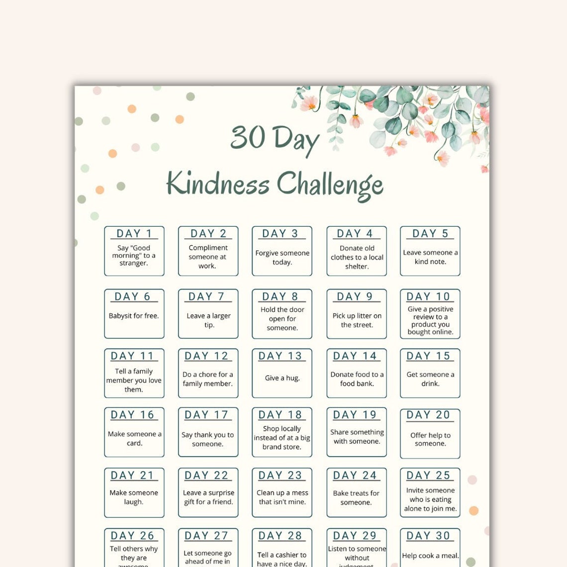 30 Day Kindness Challenge Printable Act of Kindness Kindness Ideas Help ...