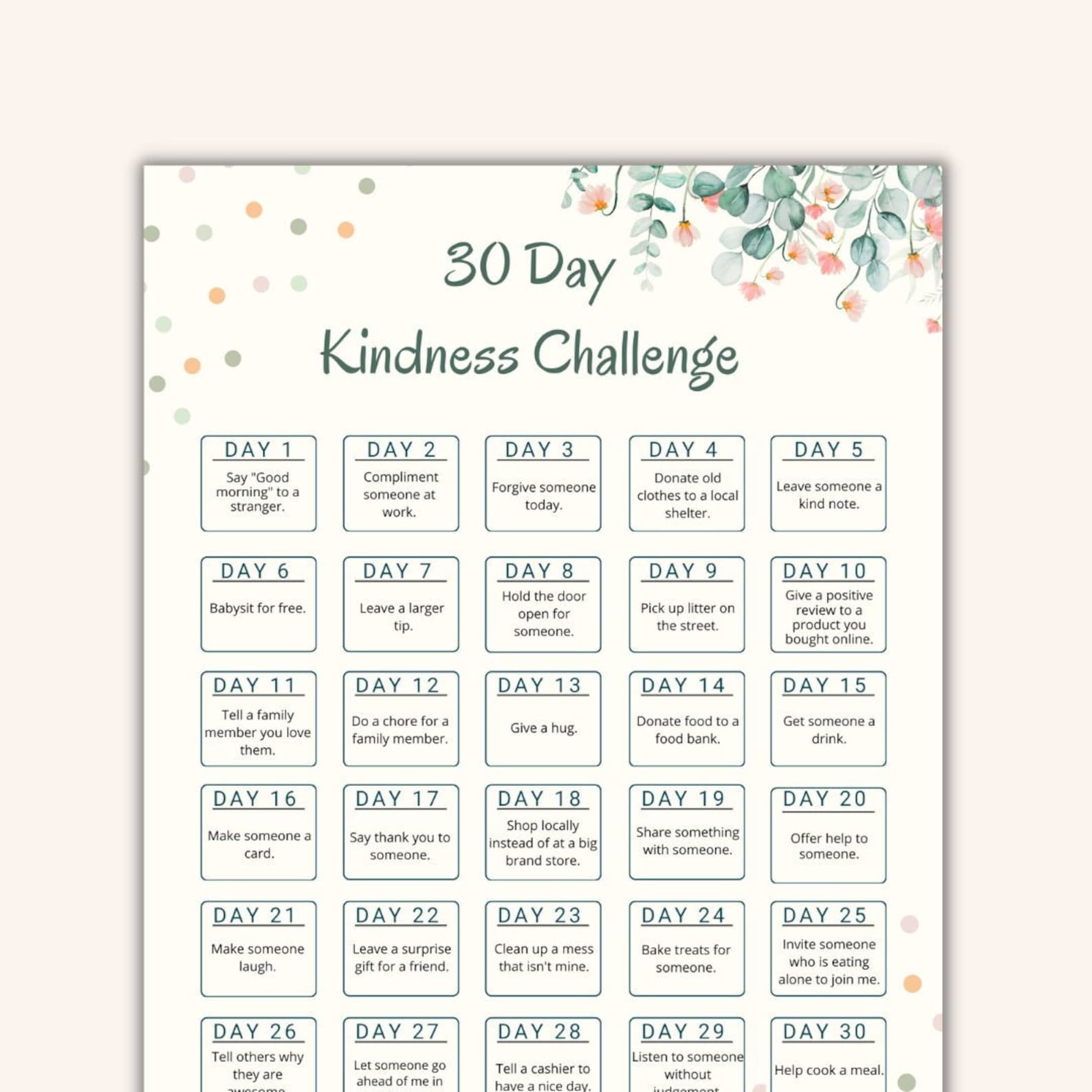 30 Day Kindness Challenge Printable | Act of Kindness | Kindness Ideas ...