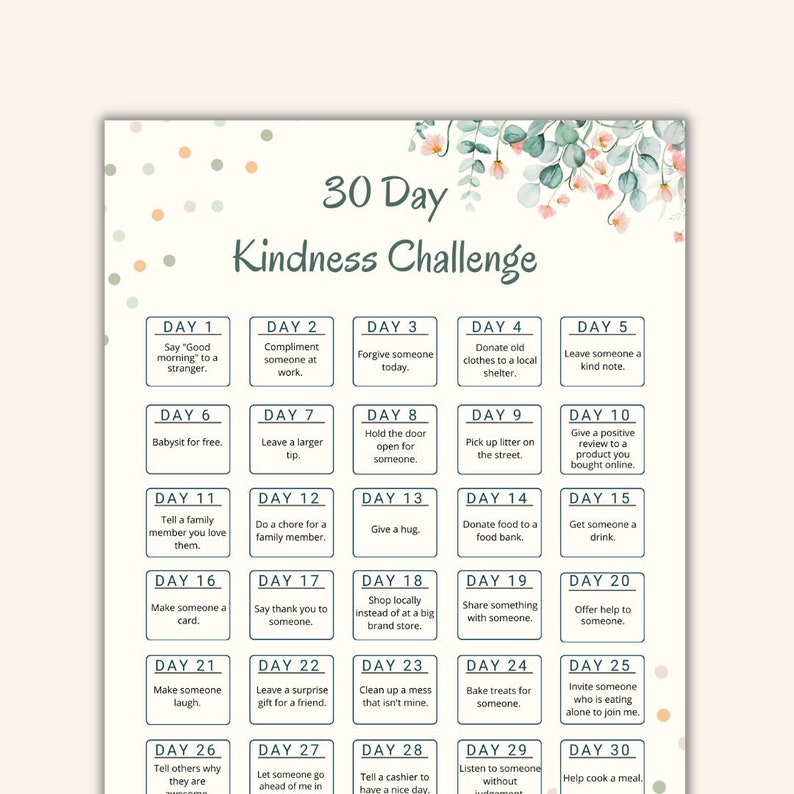 30 Day Kindness Challenge Printable | Act of Kindness | Kindness Ideas ...