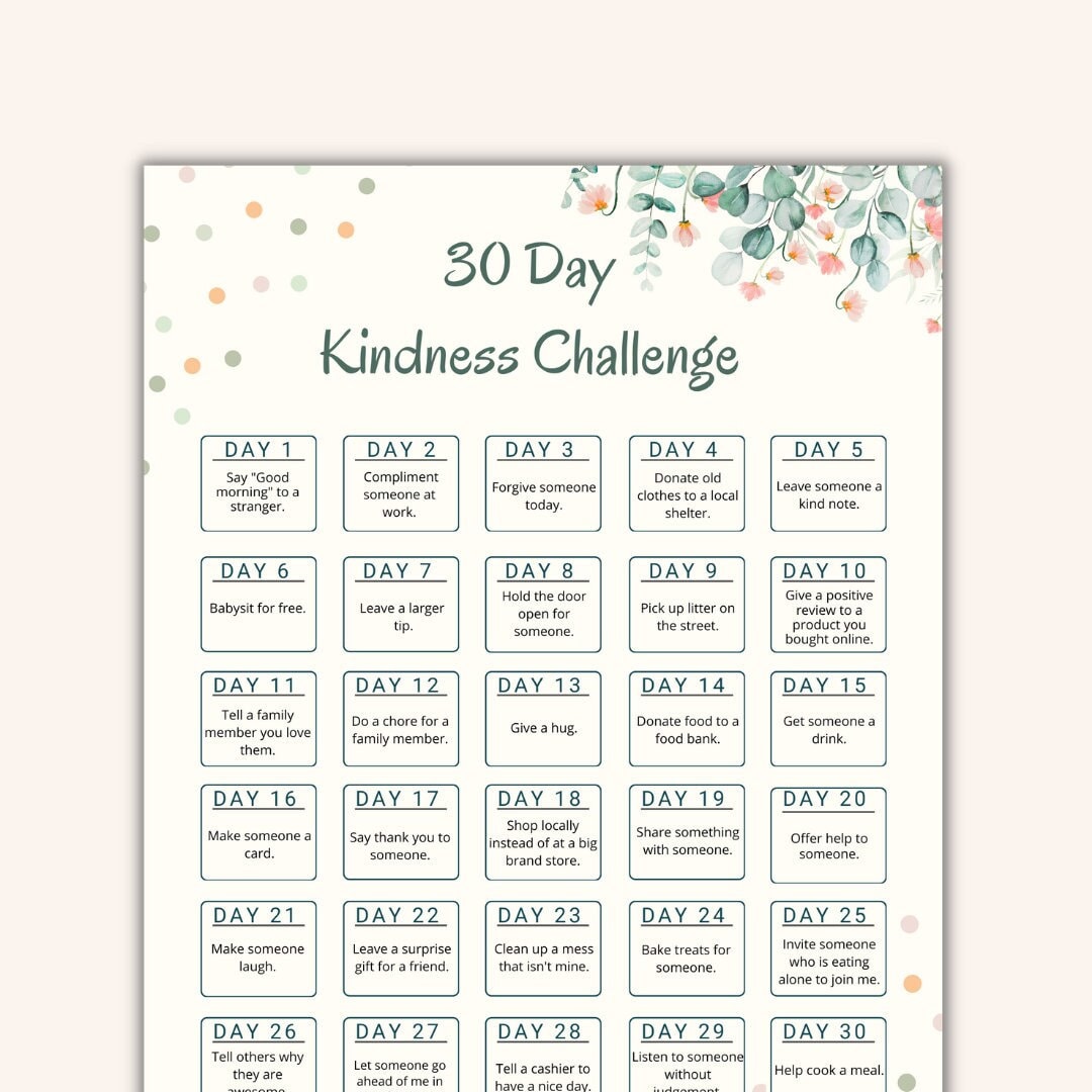30 Day Kindness Challenge Printable | Act of Kindness | Kindness Ideas ...