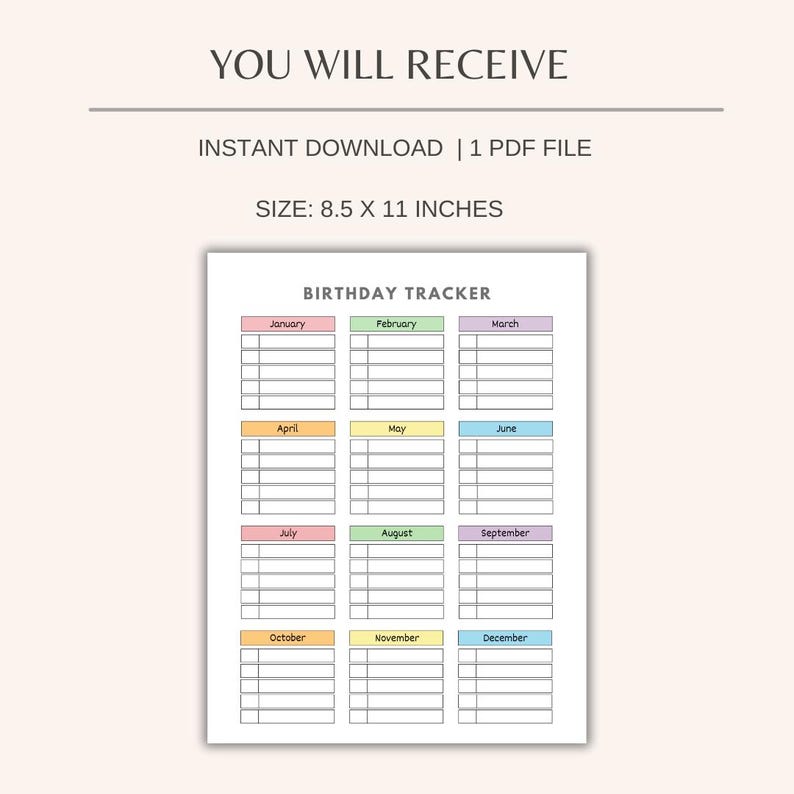 Birthday Tracker Printable: Colorful Organizer (digital Download) - Etsy