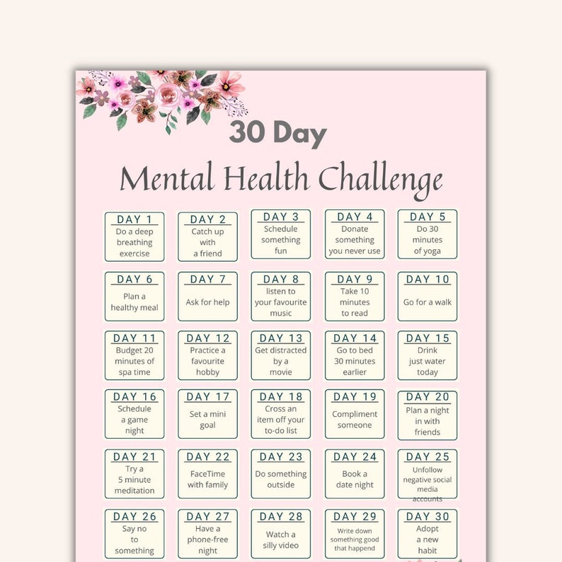 30 Day Mental Health Challenge Guide | Self Care Worksheet | Digital ...