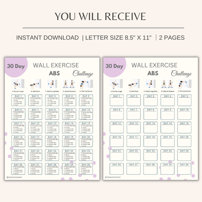 30 Day Abs Wall Exercise Challenge Printable | Abs Workout Planner ...