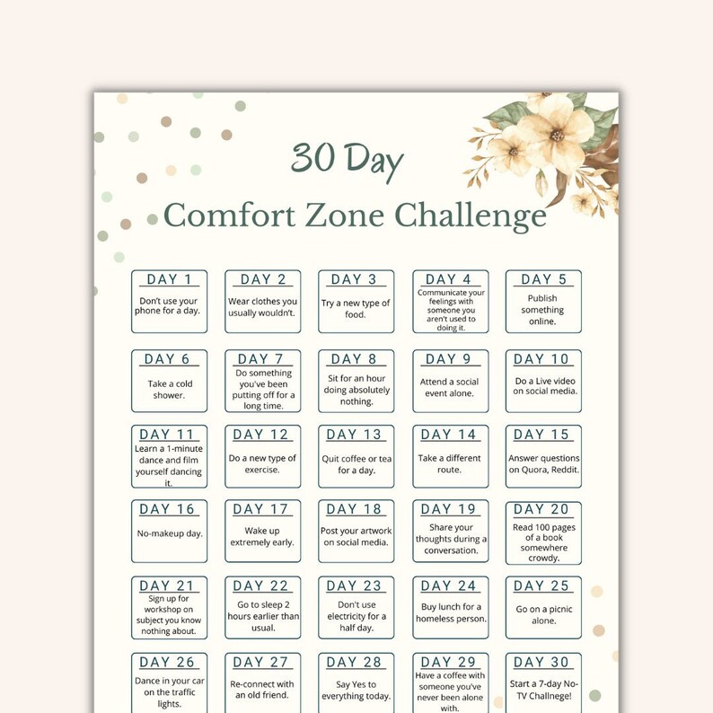 30 Day Comfort Zone Challenge Printable | - Etsy